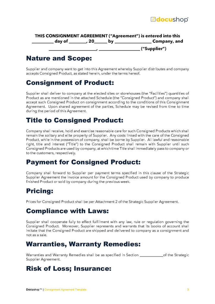 Consignment Agreement Template Editable MS Word – docushop