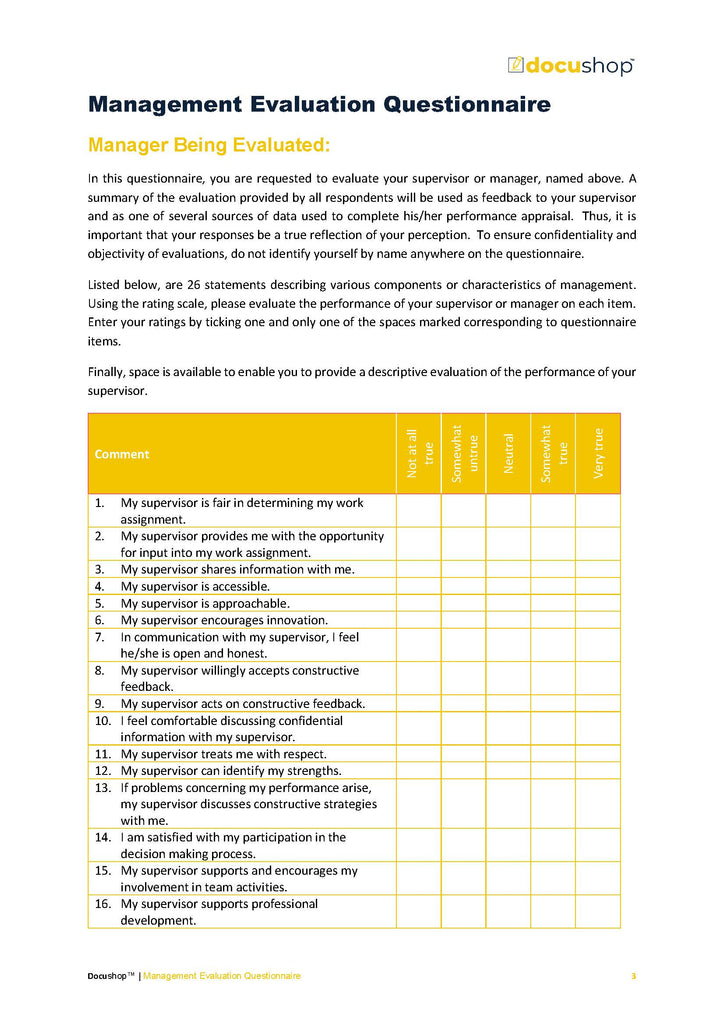 Management Evaluation Questionnaire Template - Editable Word Document ...