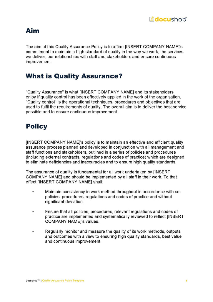 Quality Assurance Policy Editable Template – docushop