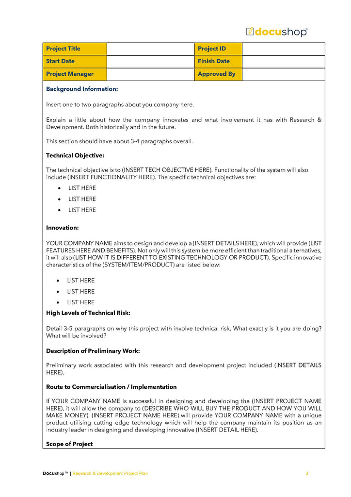 Research & Development Project Plan Editable Template – docushop