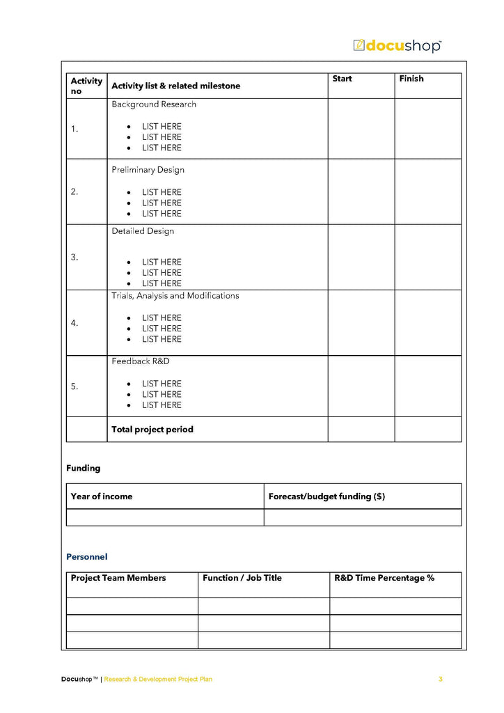 Research & Development Project Plan Editable Template – docushop